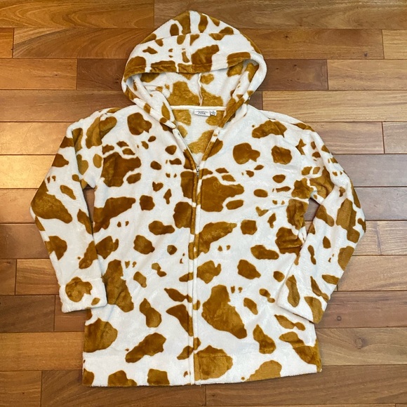 Mighty Fine | Tops | Fuzzy Cow Print Zip Up | Poshmark